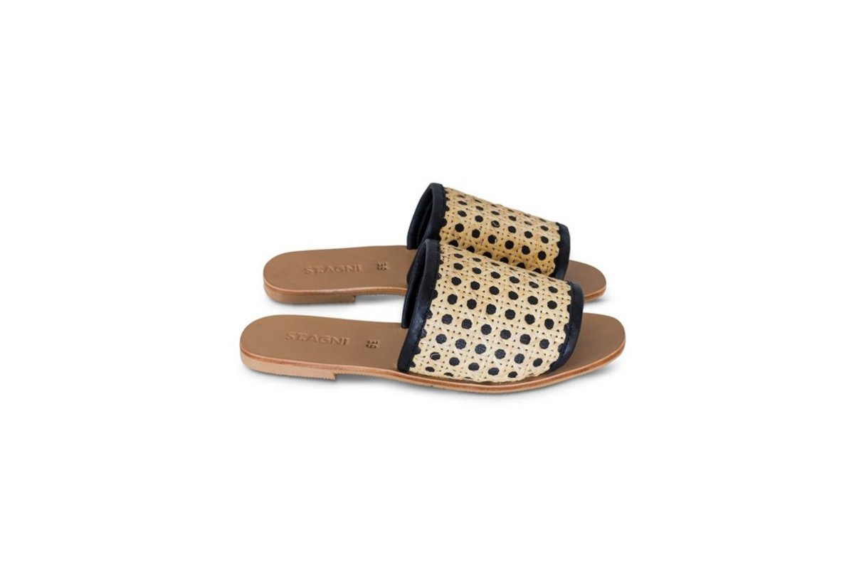 St. Agni Hennie Rattan Slides - Tan/Black | Garmentory