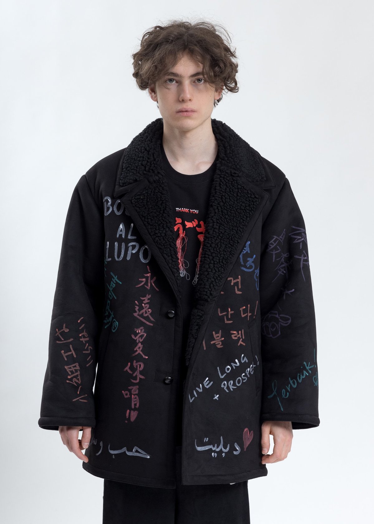 Doublet Message Hand-Painted Mouton Coat - Black | Garmentory