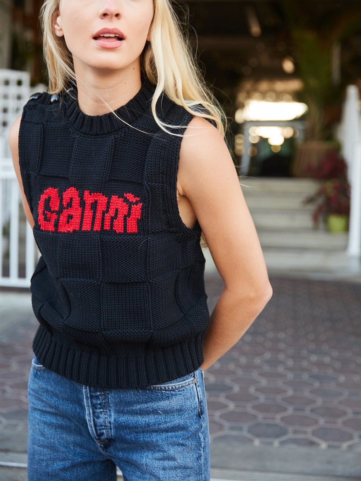 Ganni Checkboard Knit Logo Vest - Black | Garmentory