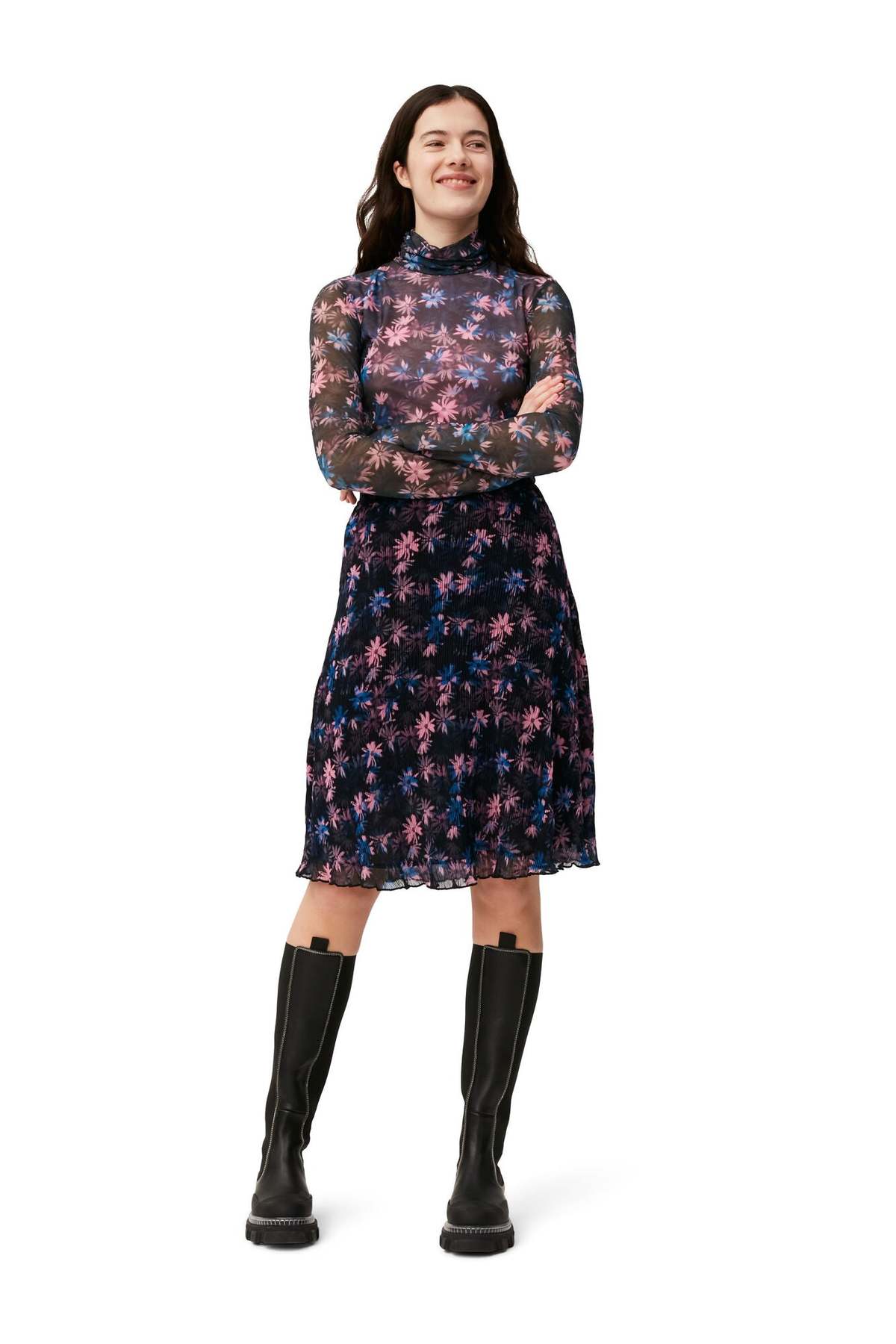 Ganni Sheer Mesh Turtleneck - Lilac Daisy Spray | Garmentory