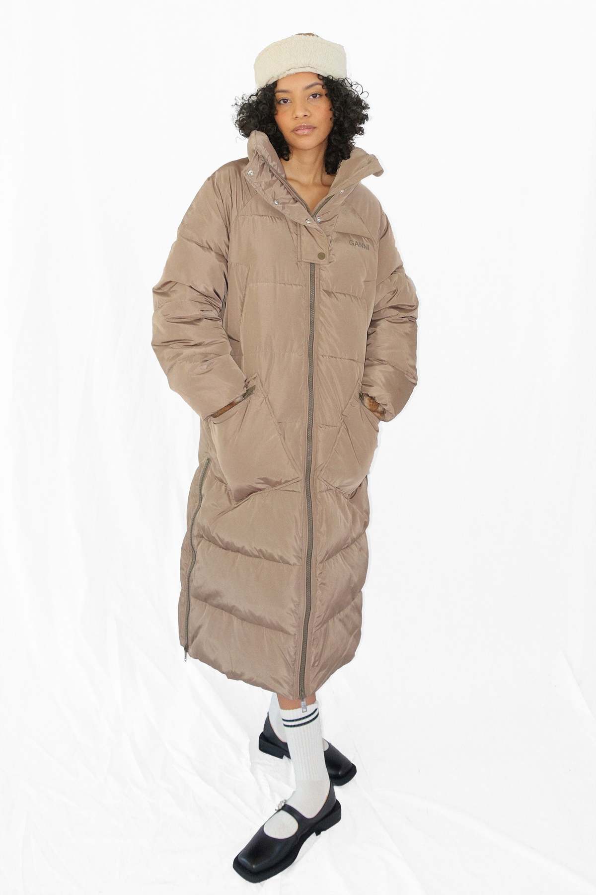 Ganni Tech Oversized Puffer - Fossil | Garmentory